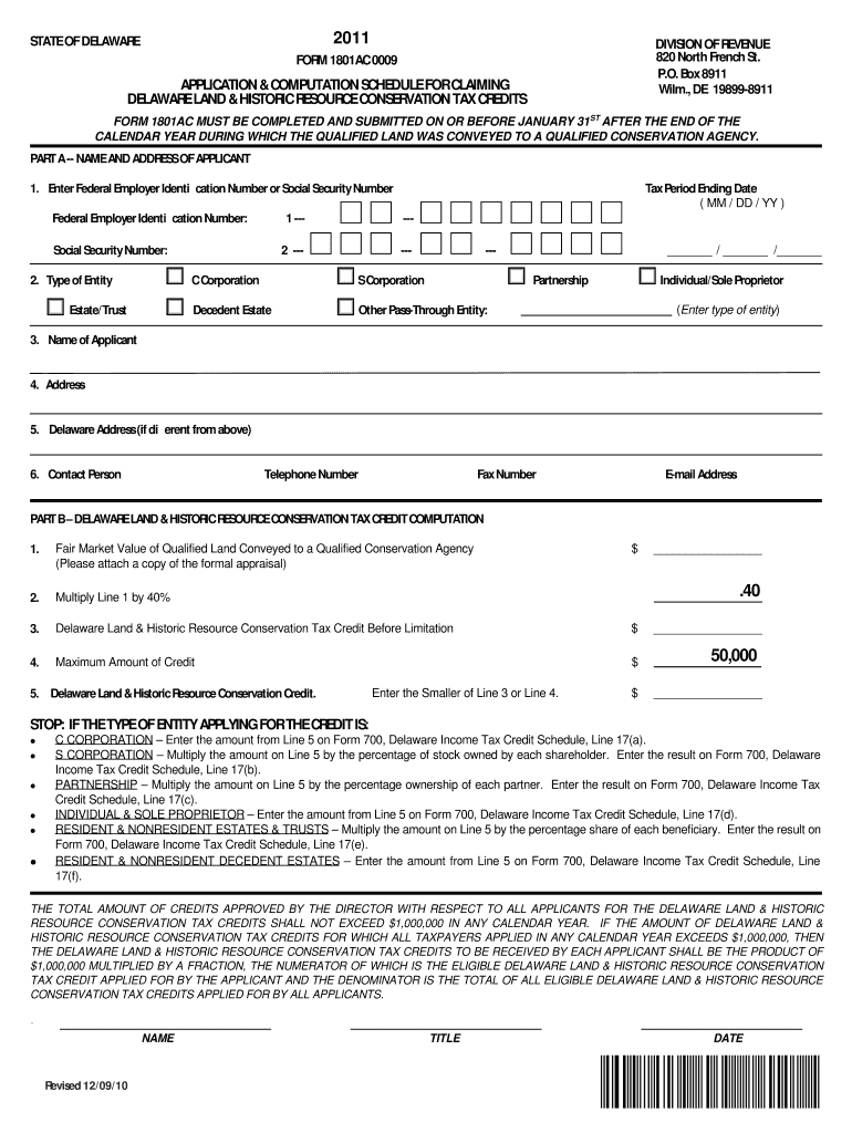 Fillable Online revenue delaware Reset STATE OF DELAWARE FORM 1801AC ...