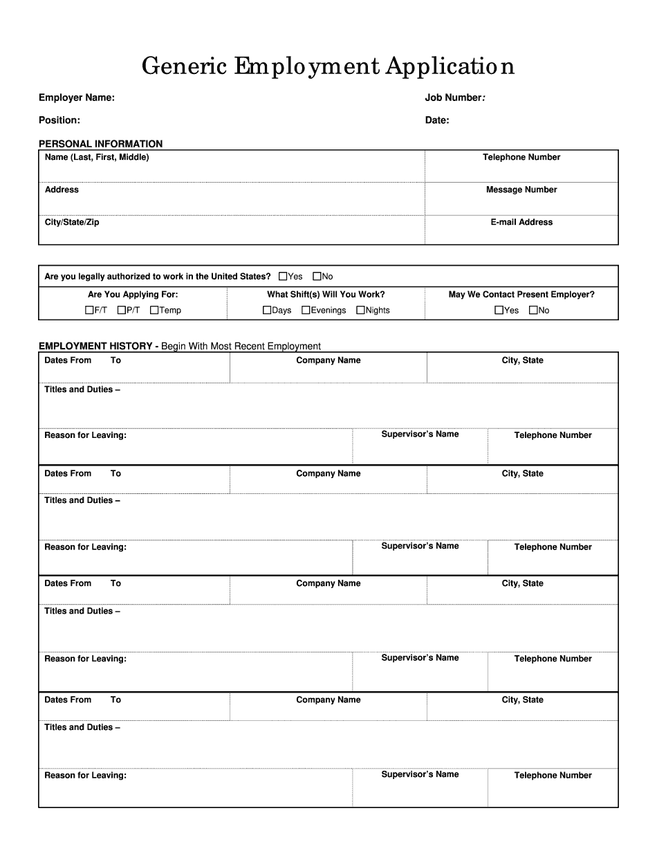 ID DoL Generic Employment Application Form Printable Blank PDF Online ID DoL Generic Employment Application Form Printable Blank PDF Online