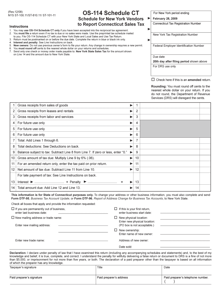 Fillable Online tax ny Form ST-810.11:12/08: OS-114 Schedule CT ...