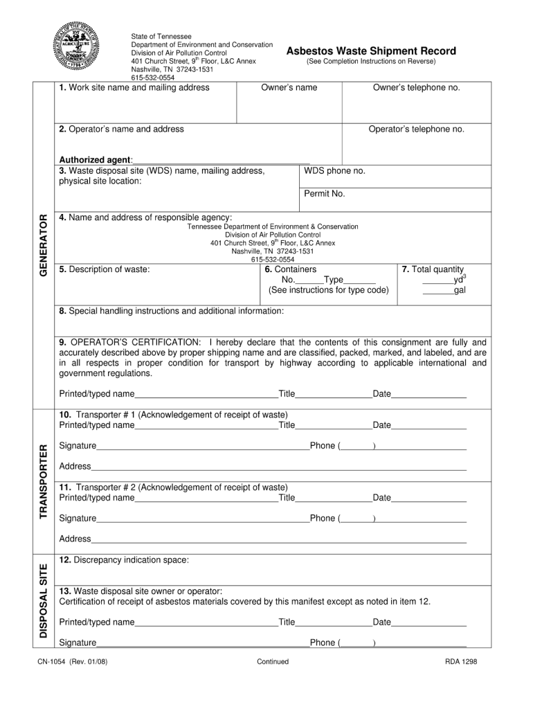 Tennessee asbestos waste shipment record form: Fill out & sign online | DocHub