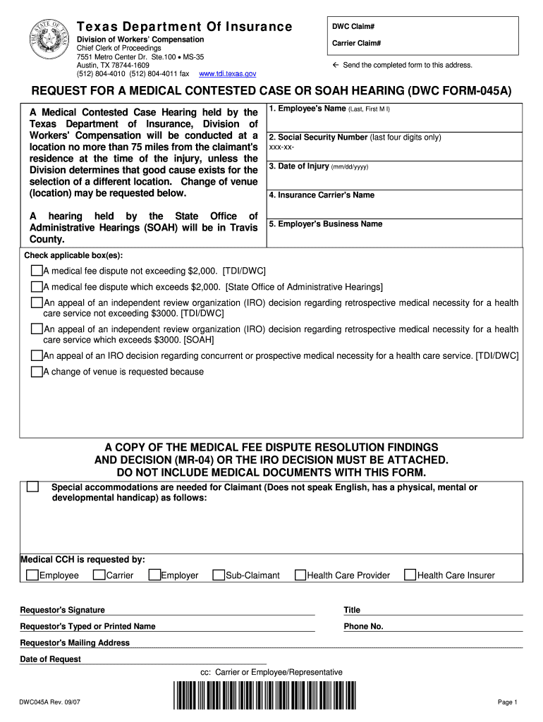 Fillable Online tdi texas texas dwc form045a Fax Email Print - pdfFiller