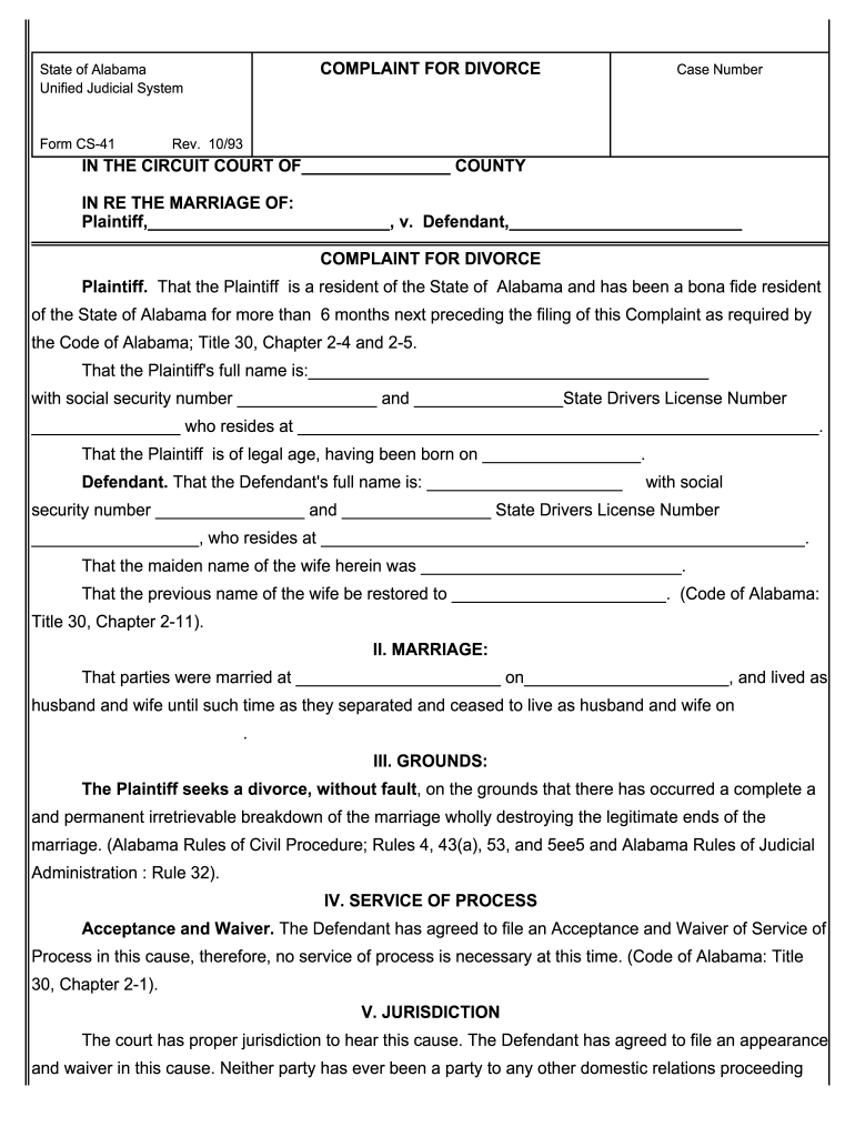 Free Printable Divorce Papers For Alabama TUTORE ORG Master Of