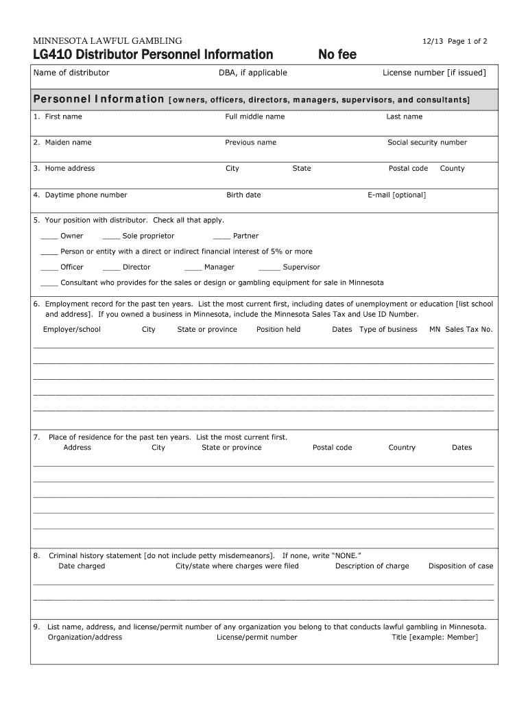 Fillable Online Minnesota Lawful Gambling Distributor Personnel ...