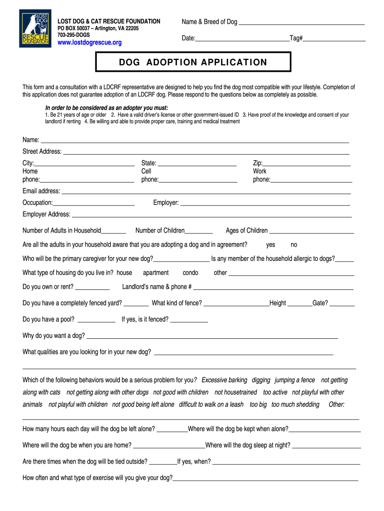 Lost Dog Rescue Foundation Adoption Application Edit Fill Online 