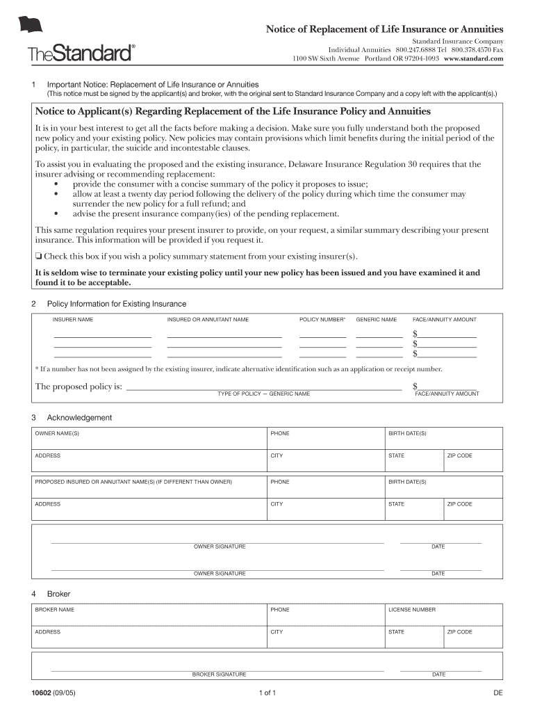 Fillable Online Important Notice: Replacement of Life Insurance or ...