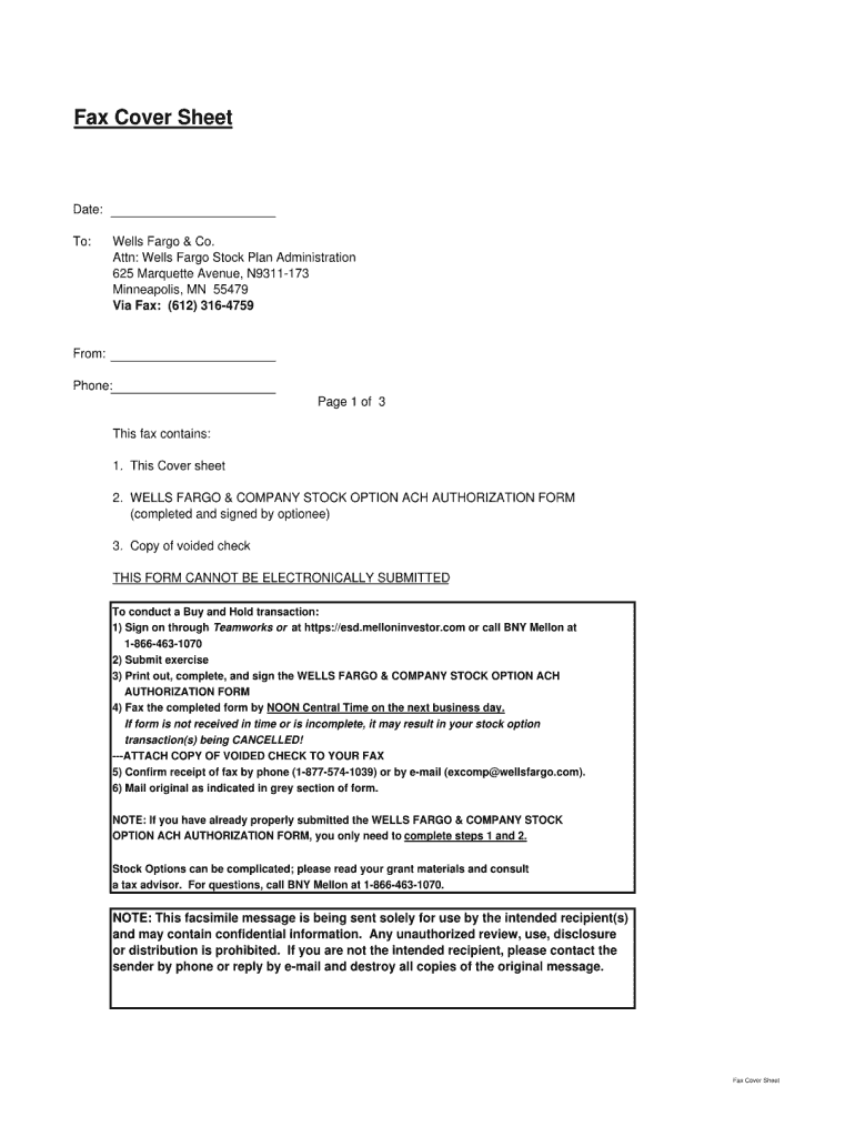 Wells Fargo Company Stock Option ACH Authorization Form Fill And 