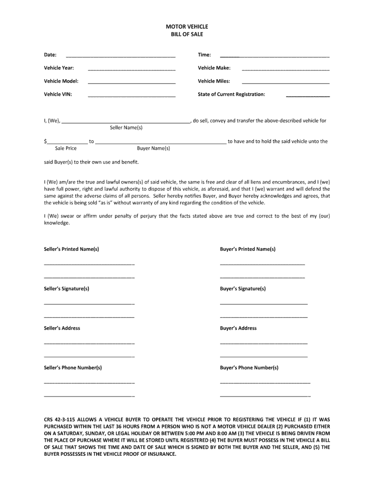 Motor Vehicle Bill Of Sale Form Fill Online Printable Fillable 