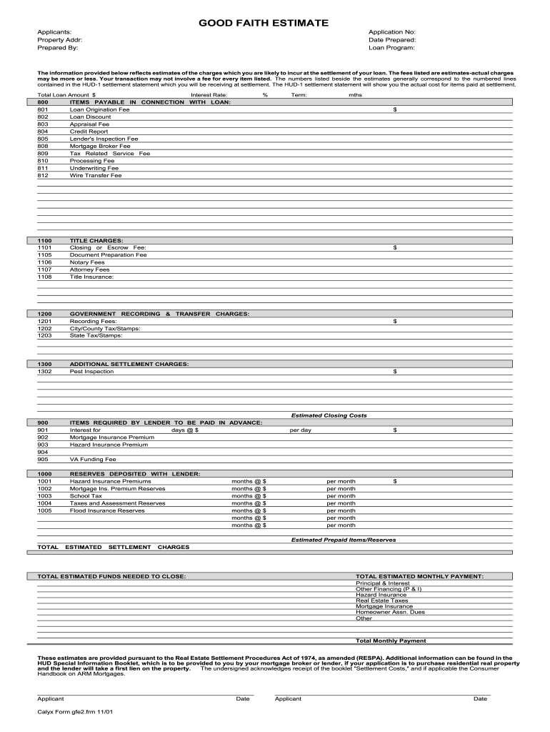 Good Faith Estimate Fill Online Printable Fillable Blank PdfFiller