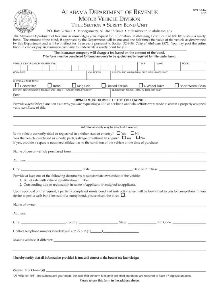 2012 Form AL MVT 10-1A Fill Online, Printable, Fillable, Blank - pdfFiller