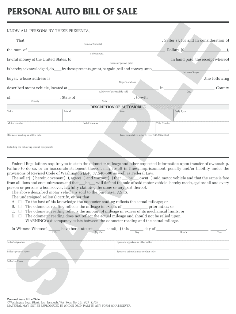 Fillable Online personal auto bill of sale form Fax Email Print - pdfFiller