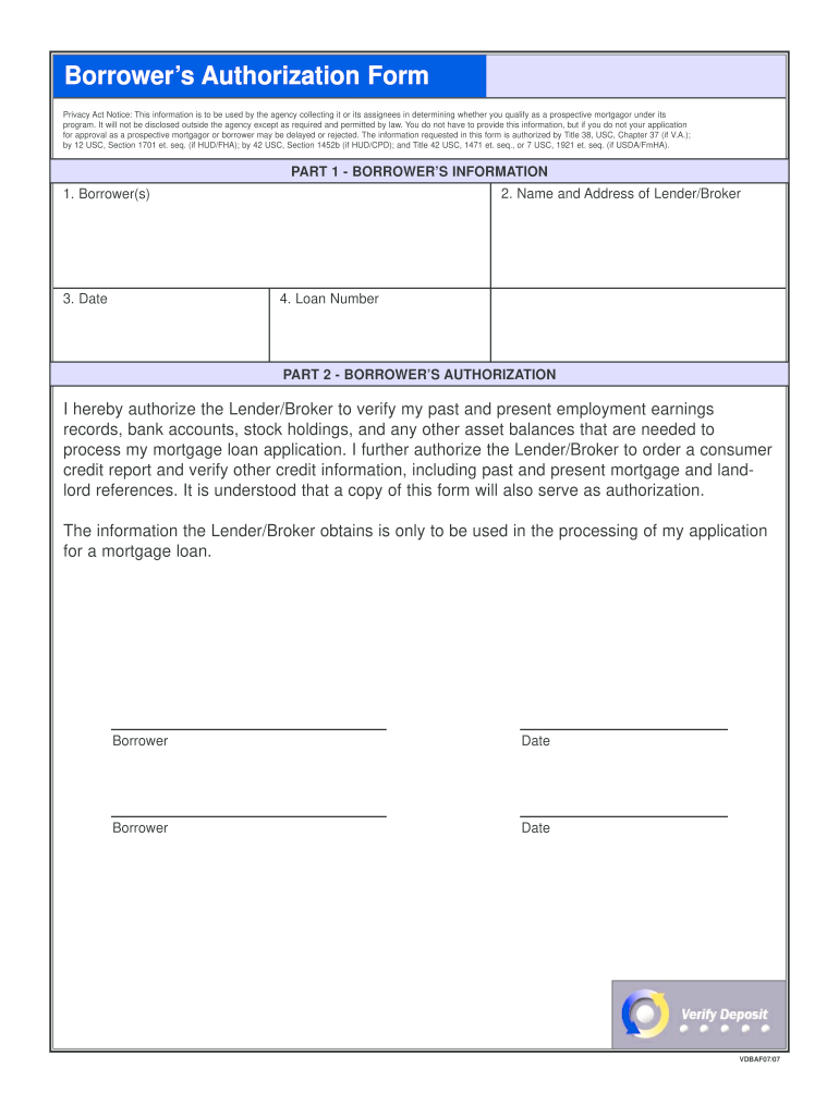 Borrower Authorization Form Fill Online Printable Fillable Blank