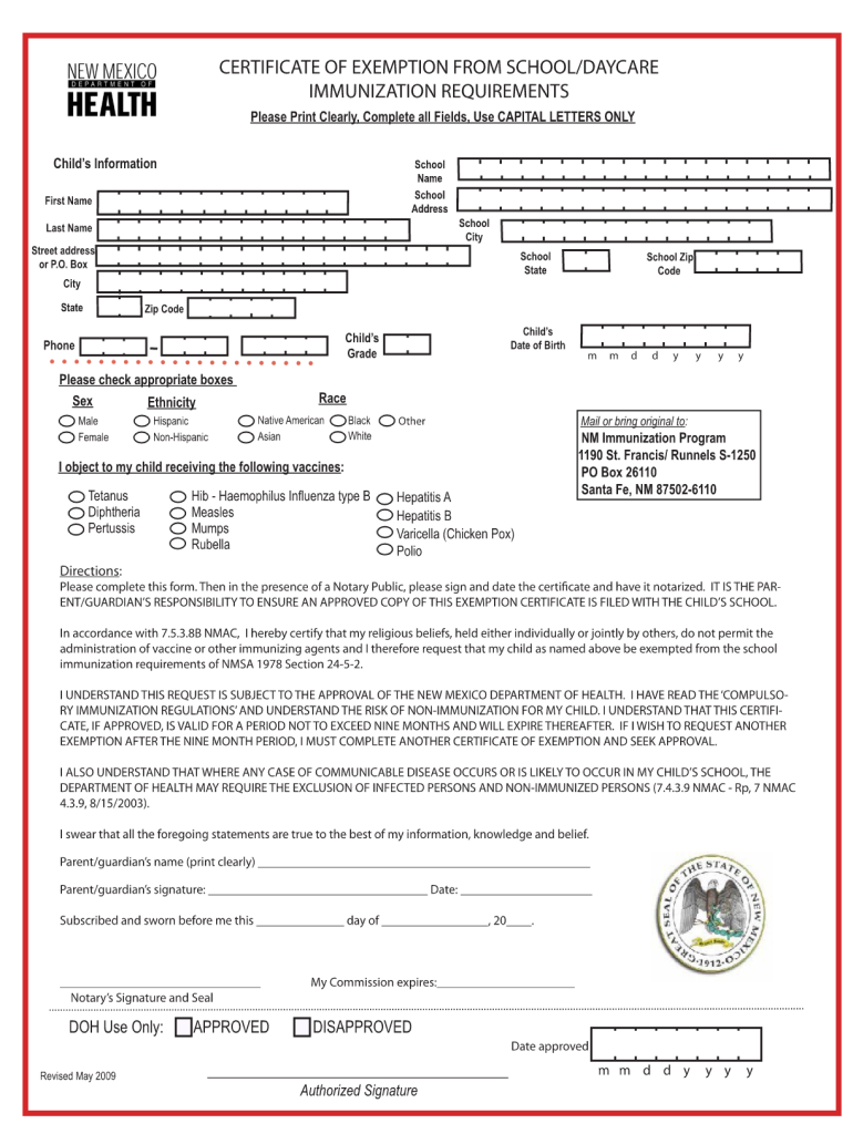 New Mexico Immunization Exemption Form Fill Out Sign Online DocHub