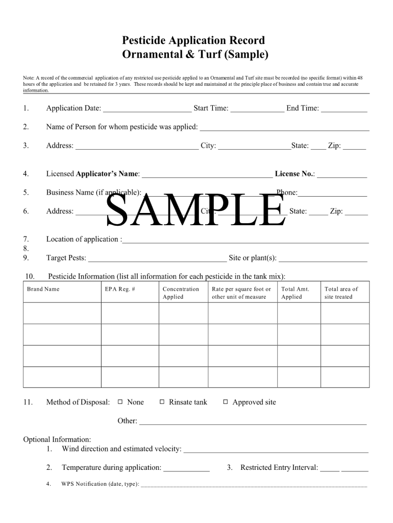 Pesticide Application Record Form Fill And Sign Printable Template