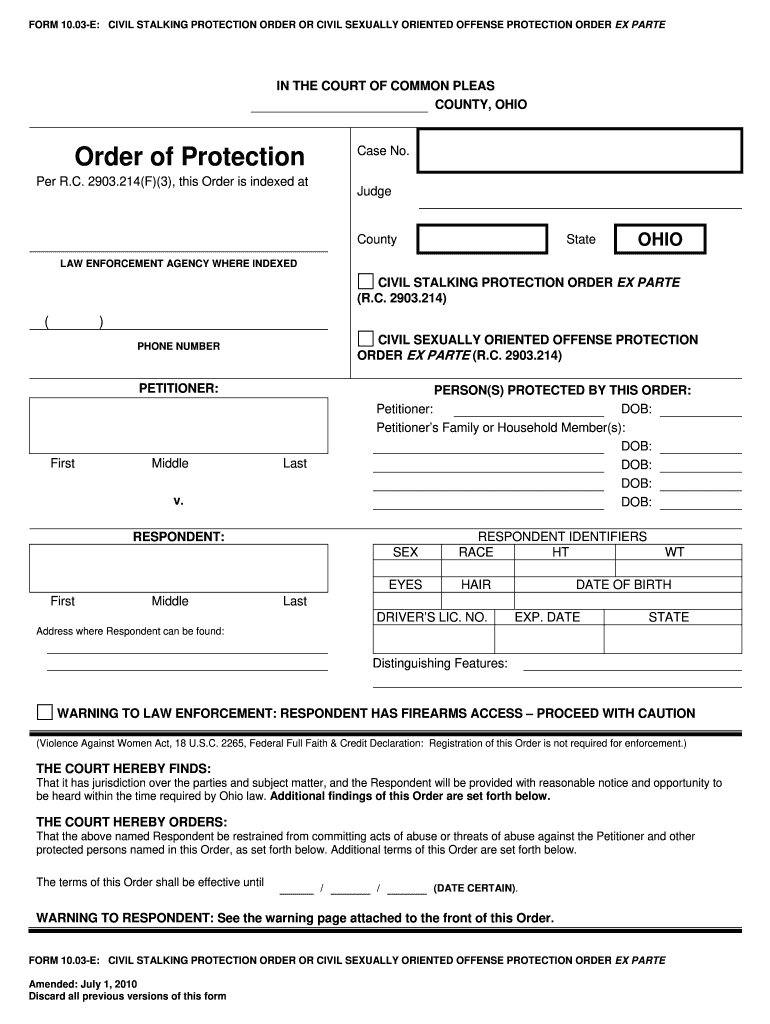 Ohio Restraining Order Form Fill Online Printable Fillable Blank
