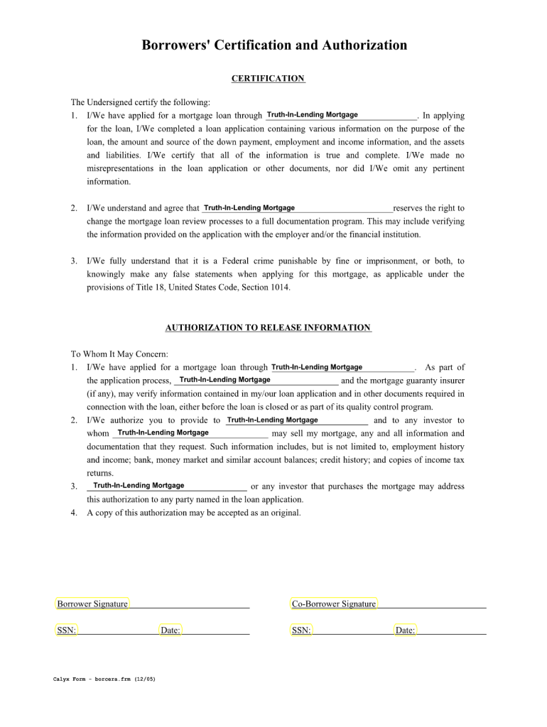 Borrower s Certification And Authorization Bank Of America Fill 