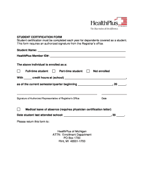 Fillable Online healthplus STUDENT CERTIFICATION FORM Student ...