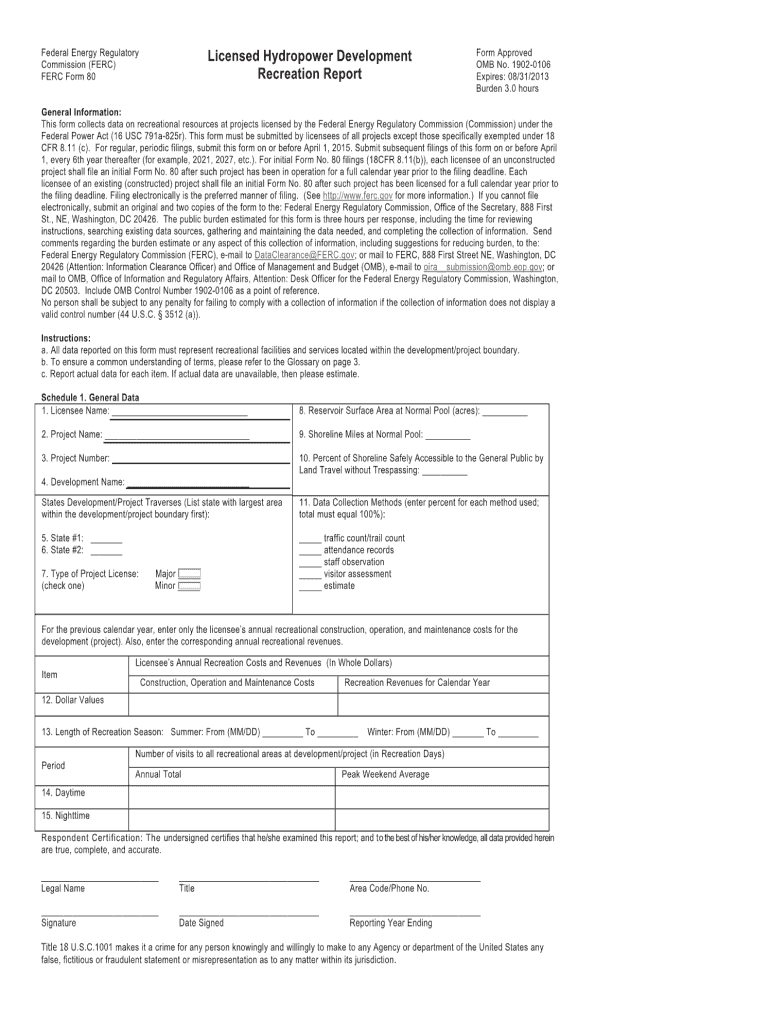 2013 Form FERC 80 Fill Online Printable Fillable Blank PdfFiller