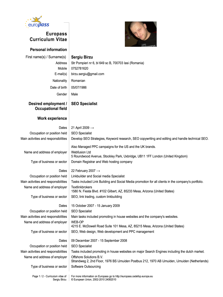 Europass Cv Fill Online Printable Fillable Blank PdfFiller