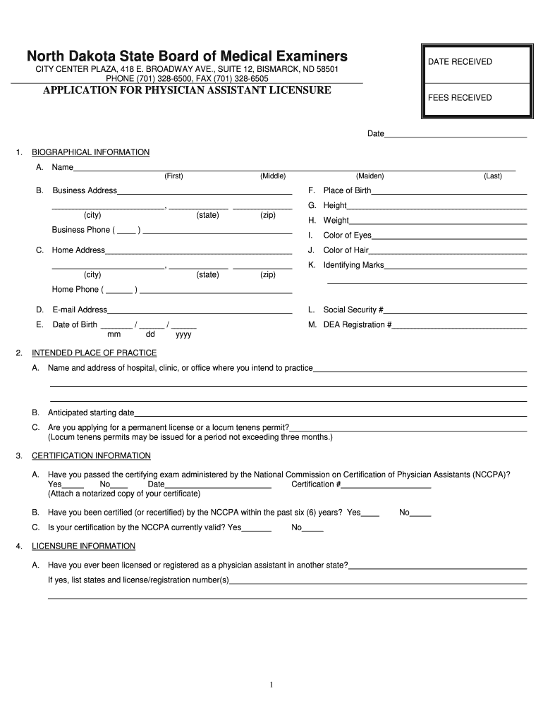 Fillable Online North dakota state board of medical examiners fillable application form Fax ...