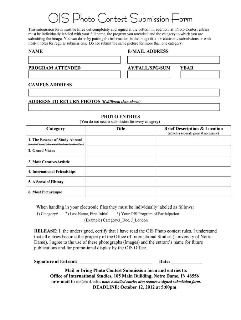 Fillable Online nd OIS Photo Contest Submission Form - nd Fax Email ...