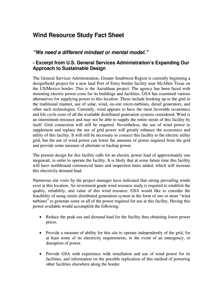 Fillable Online gsa Wind Resource Study Fact Sheet - GSA - gsa Fax ...