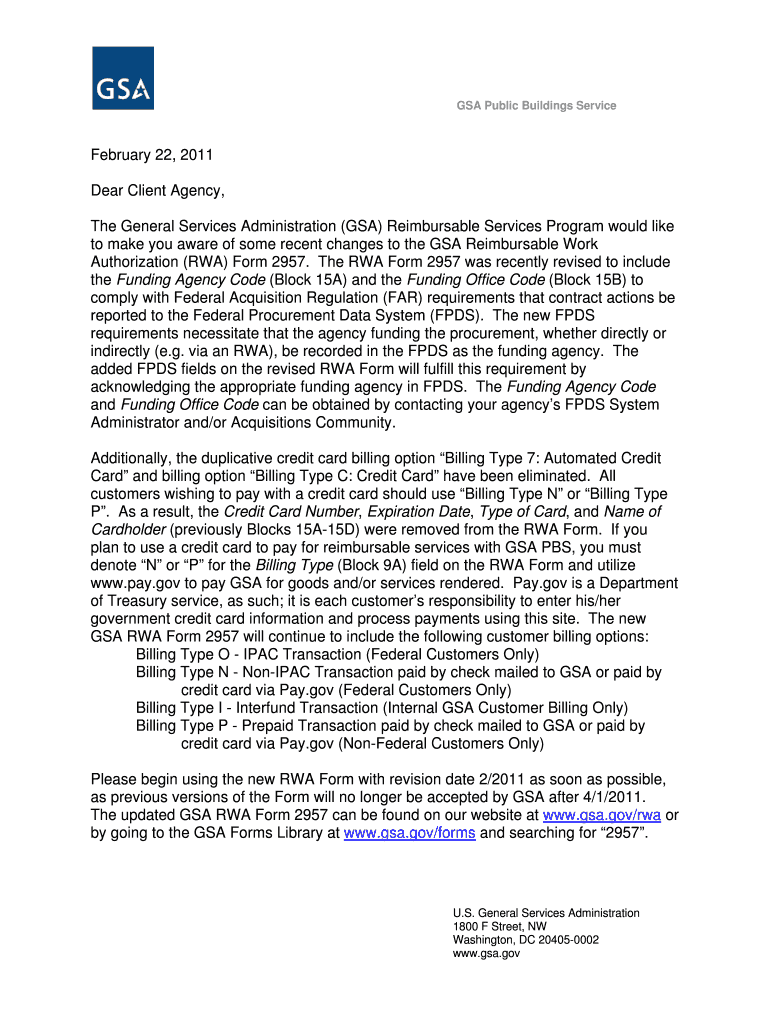 Fillable Online GSA Reimbursable Work Authorization Form 2957 Fax Email ...