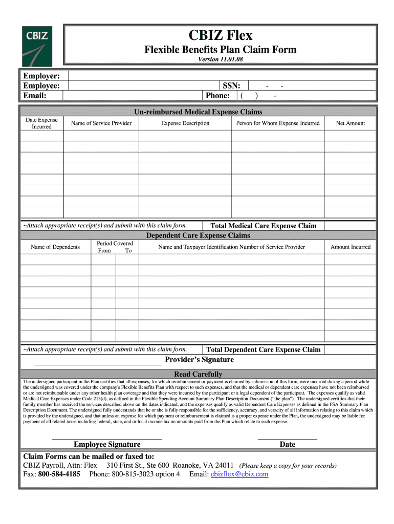 CBIZ Flex Flexible Benefits Plan Claim Form 2008 - Fill and Sign ...