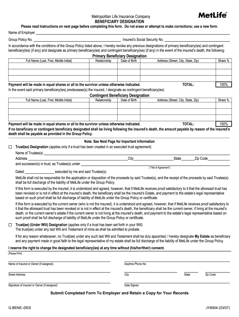 Metlife tca beneficiary form: Fill out & sign online | DocHub