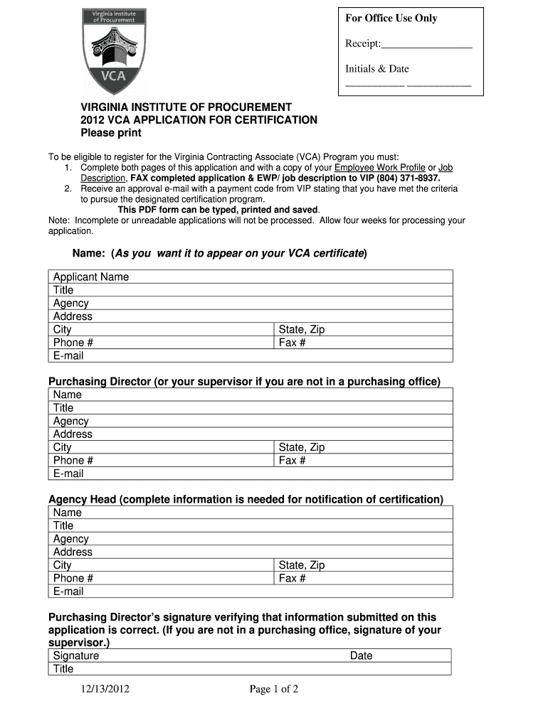 Fillable Online dps dgs virginia VCA Application - Division of Purchases and Supply - dps dgs ...