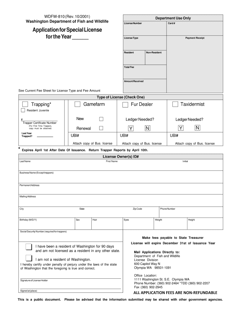 Fillable Online wdfw wa Application for Special License for the Year ...