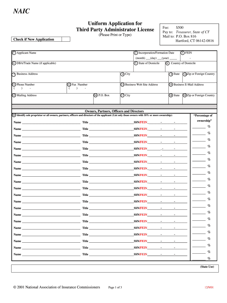 Fillable Online naic uniform application for third party administrator ...