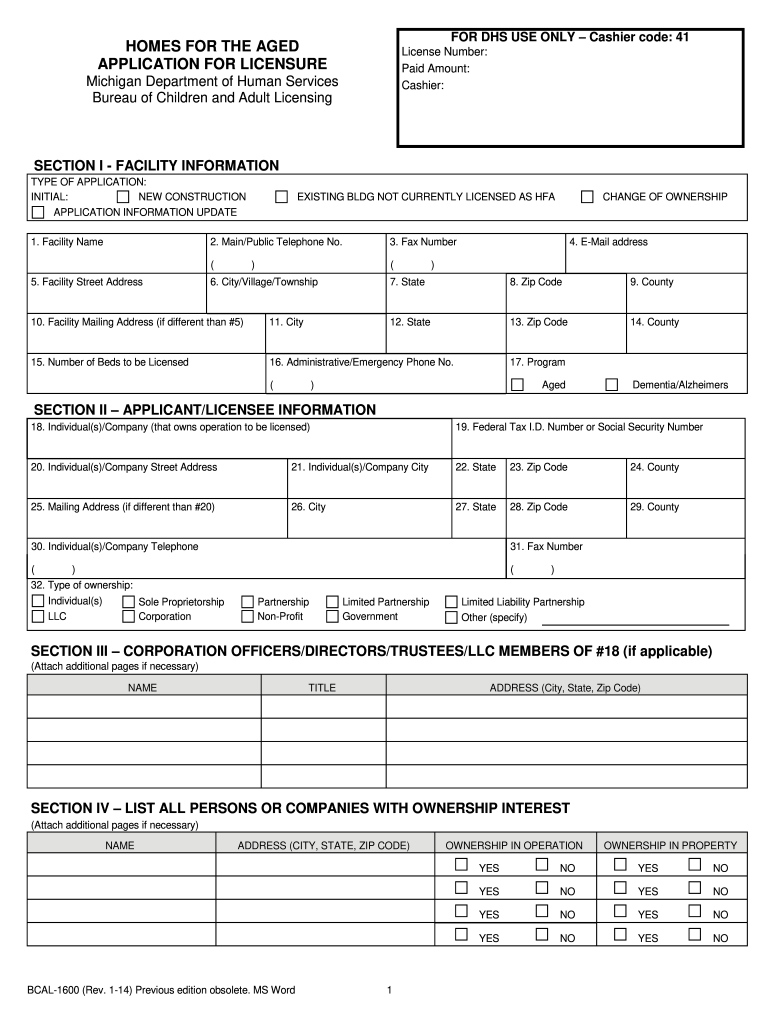 MI BCAL-1600 Form - Fill Online, Printable, Fillable, Blank - pdfFiller