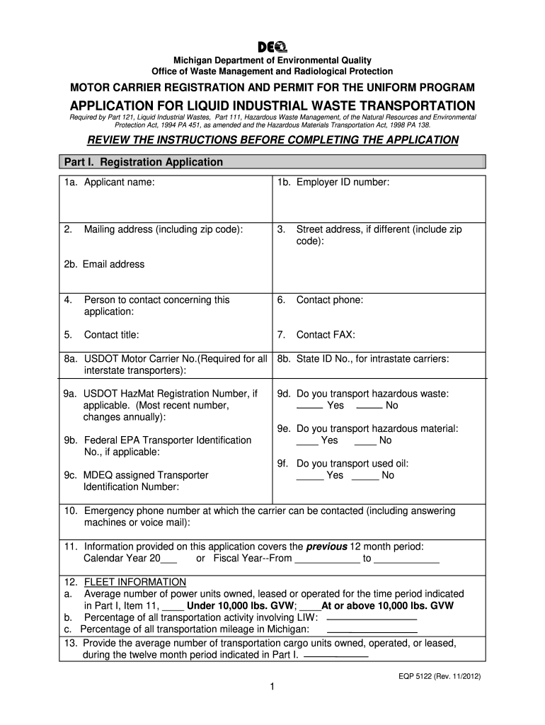 APPLICATION FOR LIQUID INDUSTRIAL WASTE TRANSPORTATION - michigan: Fill ...