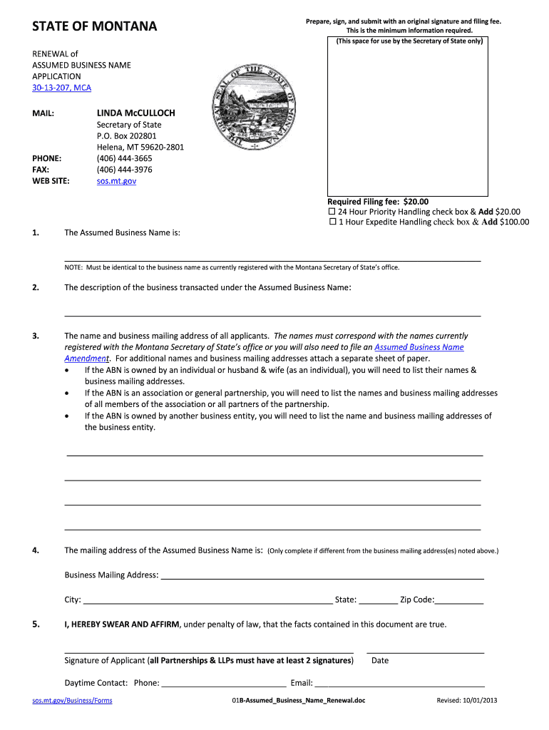 RENEWAL Of ASSUMED BUSINESS NAME APPLICATION MCA 30-13-207 MAIL - Sos ...