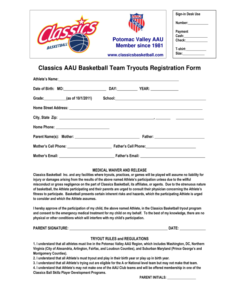 Basketball Tryout Registration Fill Online Printable Fillable 