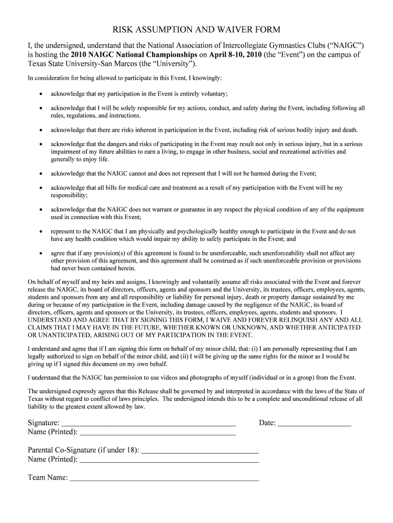 Fillable Online RISK ASSUMPTION AND WAIVER FORM Fax Email Print - pdfFiller