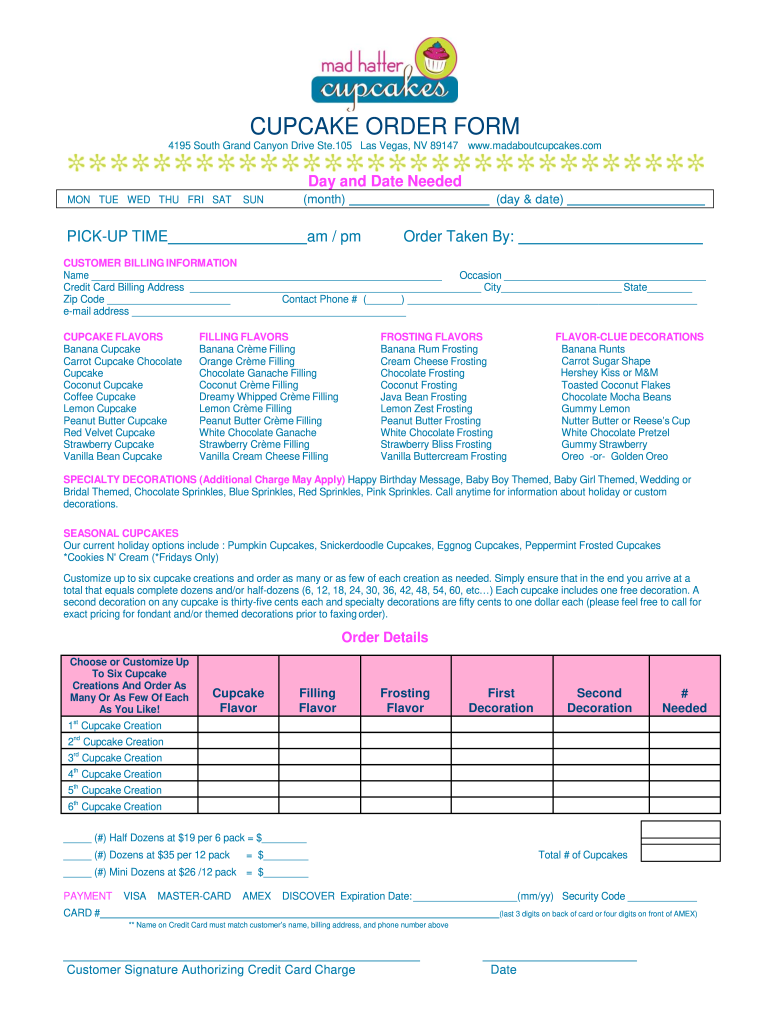 Fillable Online custom printable cupcake order form template Fax Email ...