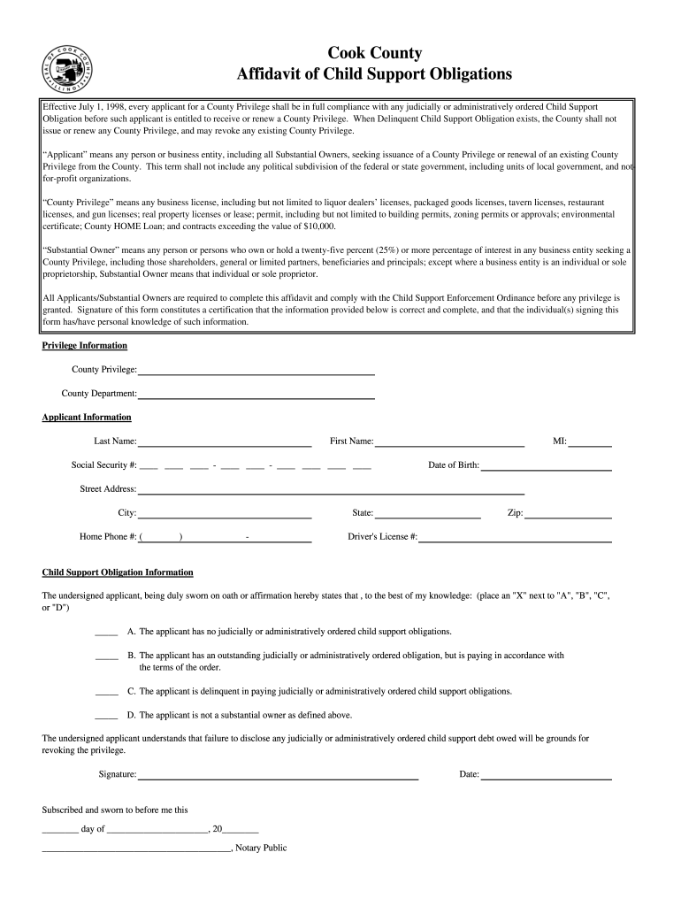 IL Affidavit Of Child Support Obligation Cook County Fill And Sign 