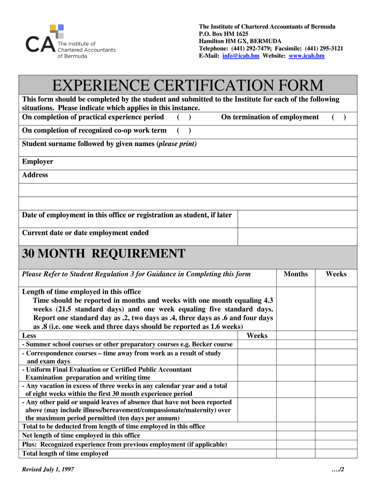Fillable Online icab pak experience certification form online Fax Email ...