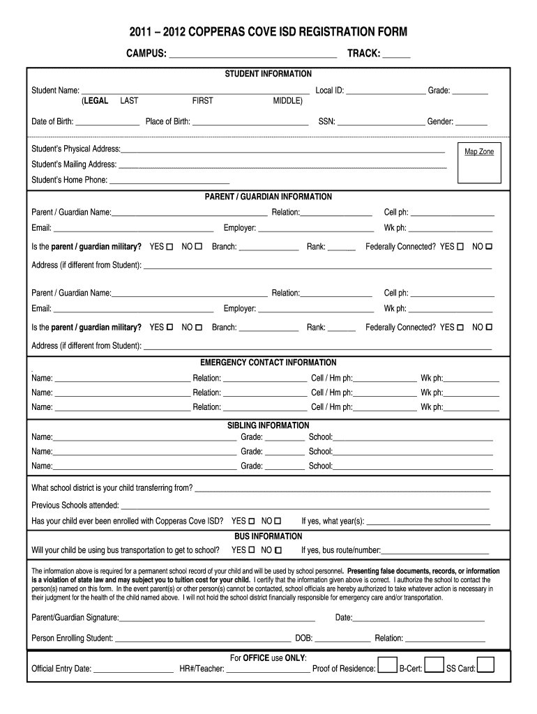Fillable Online 2011 – 2012 COPPERAS COVE ISD REGISTRATION FORM Fax ...