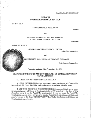 Fillable Online STATEMENT OF DEFENCE AND COUNTERCLAIM OF GENERAL MOTORS ...
