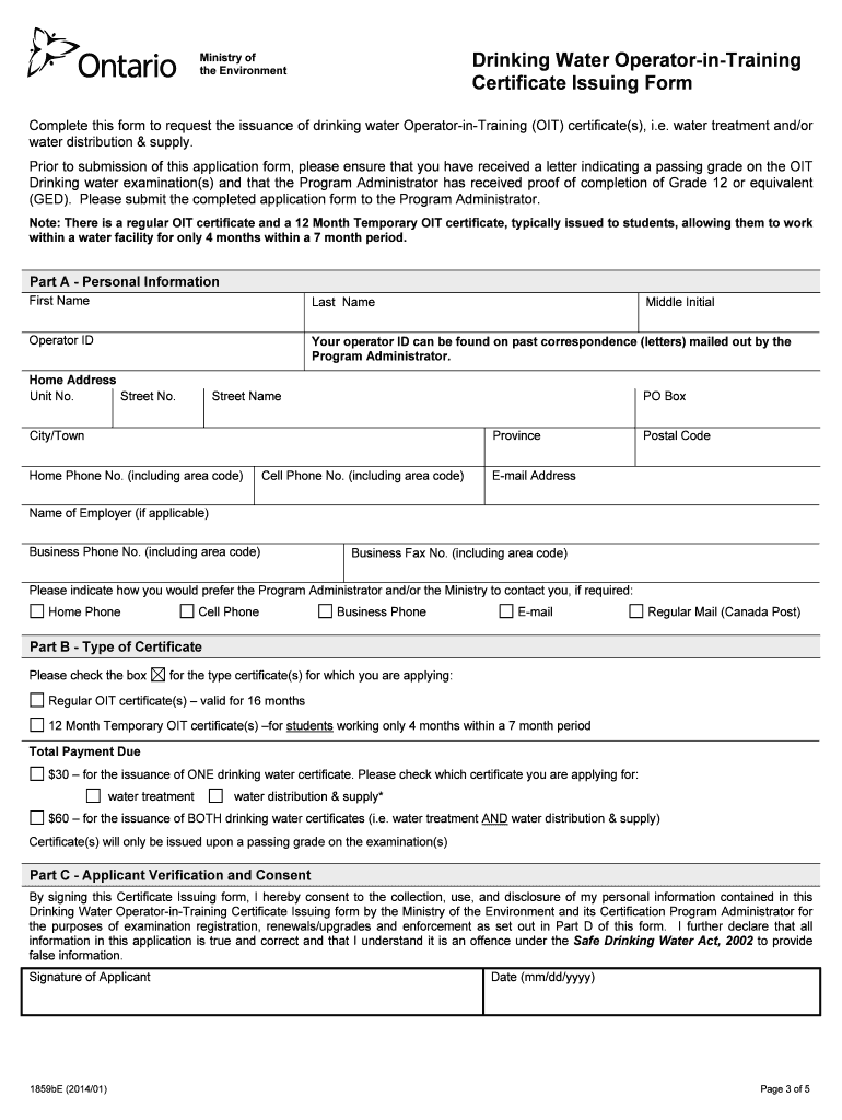 Fillable Online Drinking Water Operator-in-Training Certificate Issuing ...