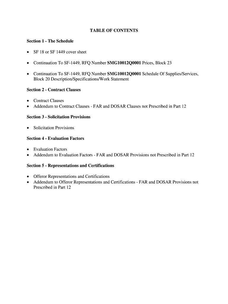 TABLE OF CONTENTS Section 1 - The Schedule SF 18 or SF 1449 - photos state: Fill out & sign ...
