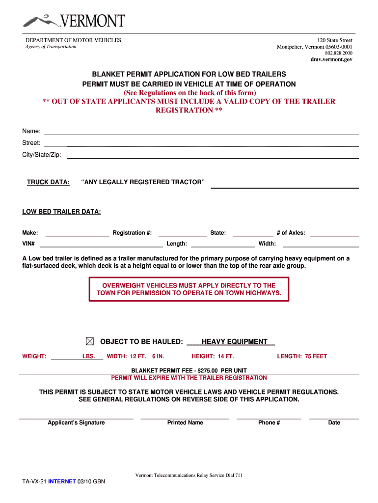 Fillable Online dmv vermont See Regulations on the back of this form - Vermont Department of ...