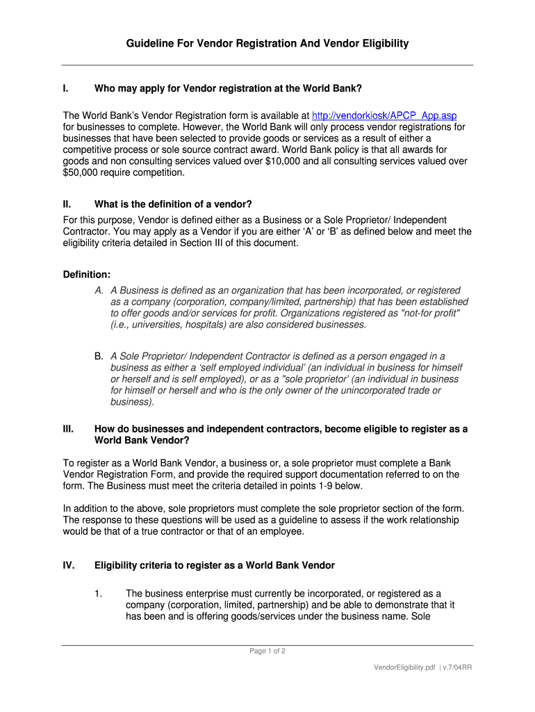 Fillable Online Guideline For Vendor Registration And Vendor ...
