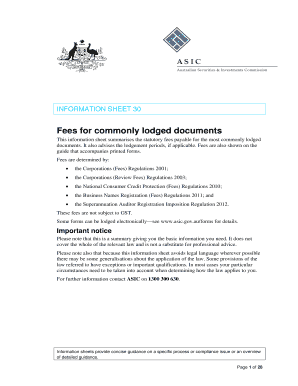 Fillable Online asic gov Information Sheet 30 Fees for commonly lodged documents - asic gov Fax ...