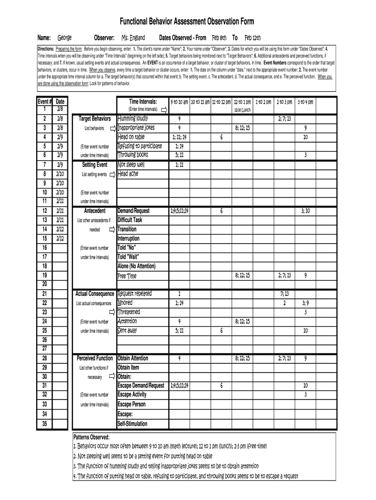 Simple Funciontal Behavior Assessment Form Fill Online Printable 