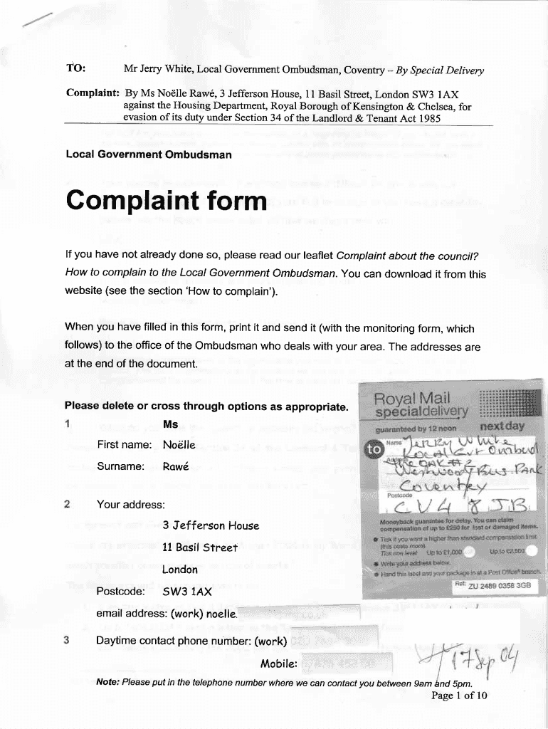 My 17 Sep 09 complaint to Local Government Ombudsman against: Fill out ...