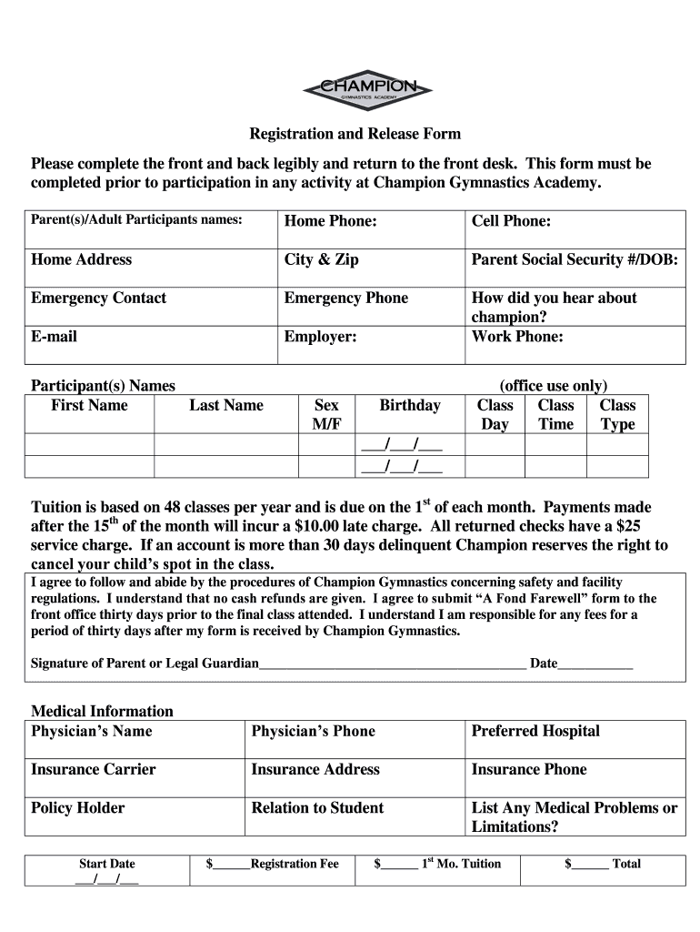 Fillable Online Registration and Release Form Please complete the front ...