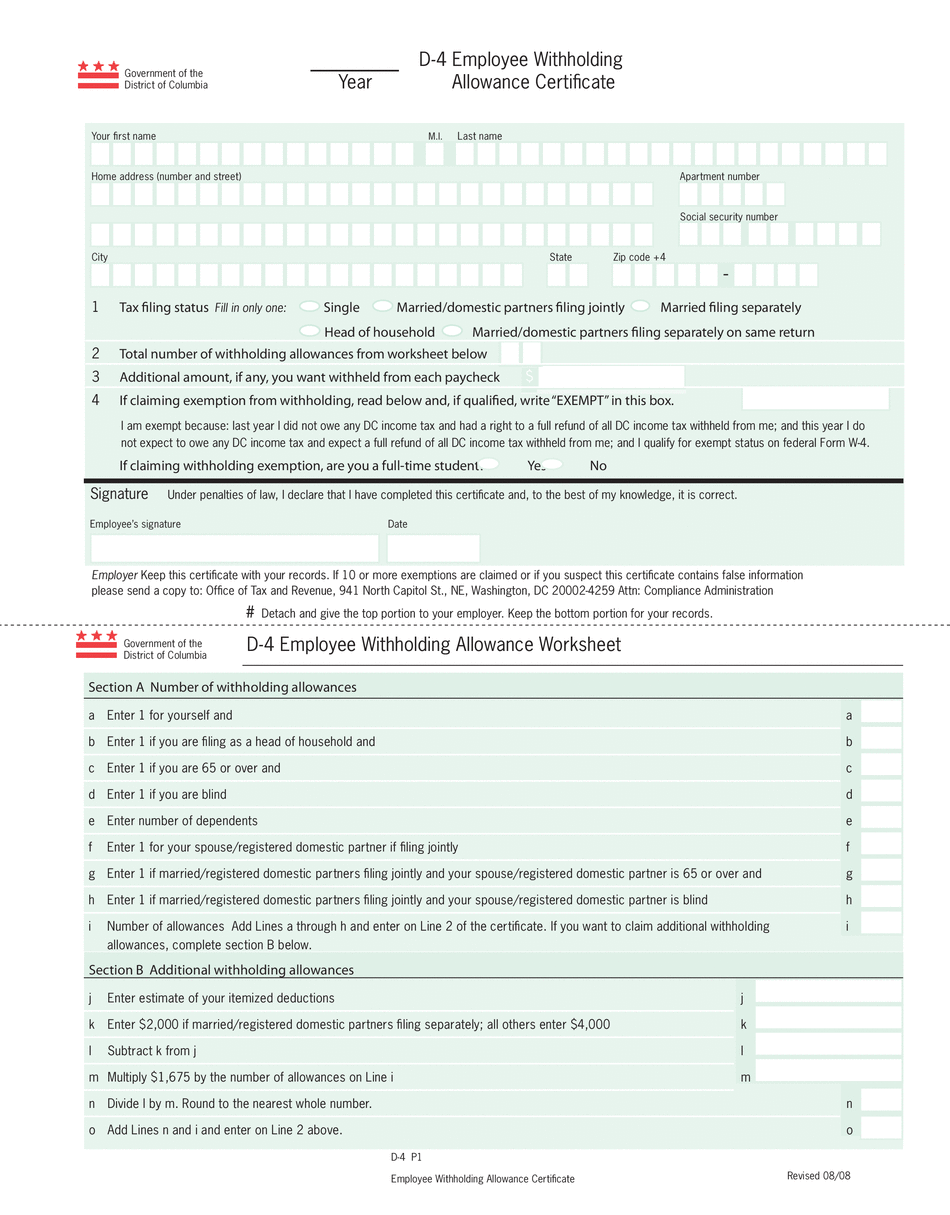 D 4 2023 Employee Withholding Allowance Certificate DC Tax